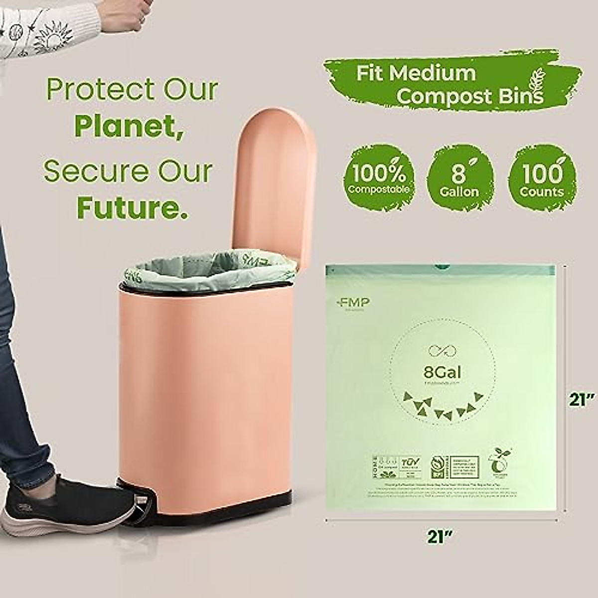 FMP Brands 100 Count 8 Gallon Compostable Drawstring Trash Bags, Extra Thick 1 Mil, Leak-Proof Kitchen Bag, 100% Compost Garbage Bag for Home Office Bathroom, BPI, ASTM D6400, OK Compost Certified