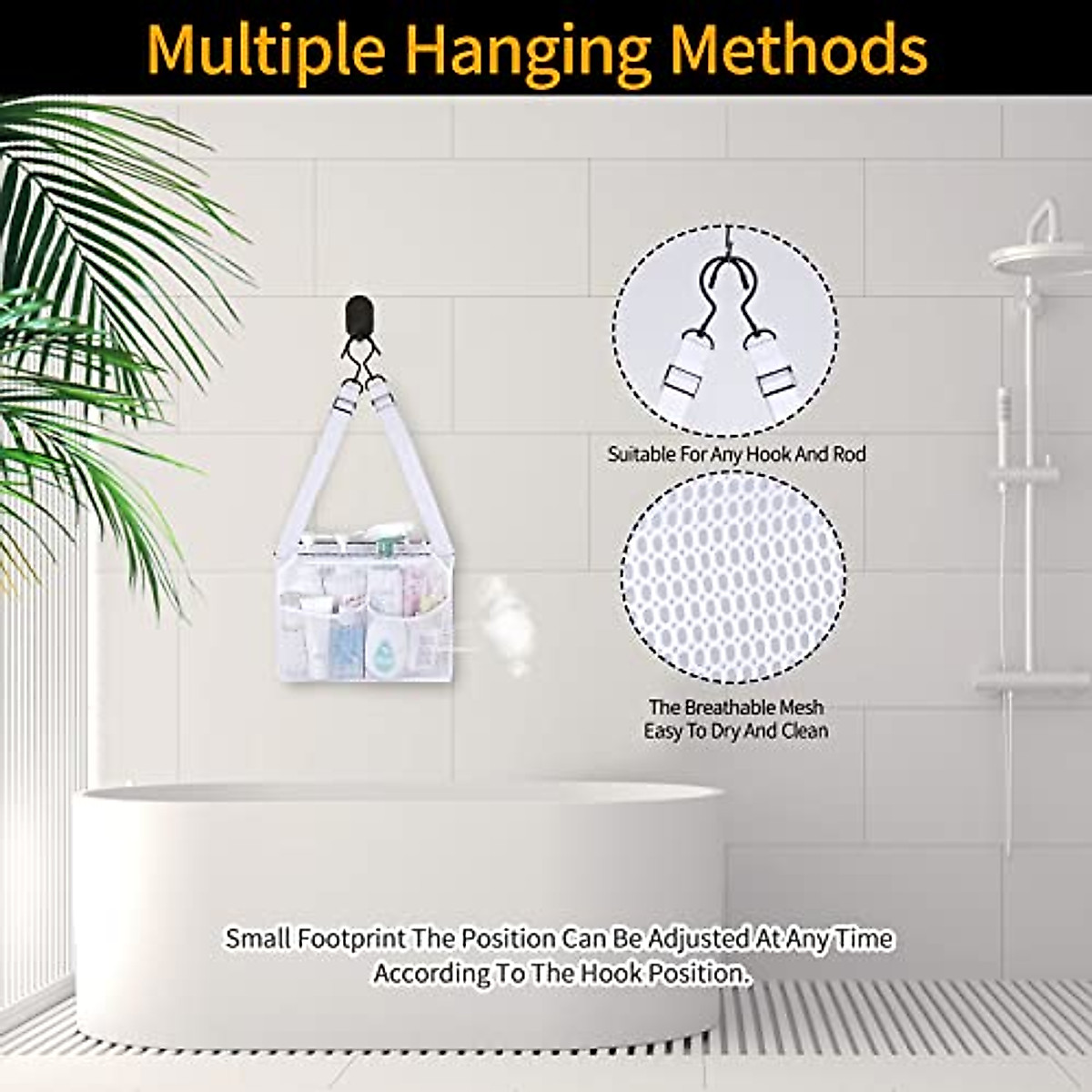 GUMQDD 4 Storage Pockets Adjustable Hanging Mesh Bathroom Bag, Shower Caddy College with Hooks, Applied to College Dorm Rooms, Gym, Swimming and RV Travel (White)