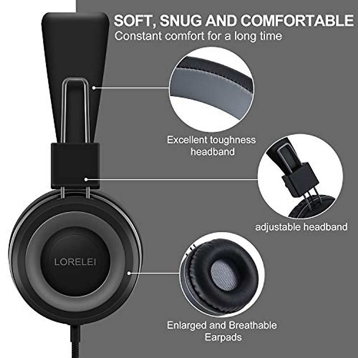 LORELEI X2 On-Ear Kids Headphones with Microphone, Lightweight Folding Stereo Bass Headphones with 1.5m Cord, Portable Wired Headphones for School Trip Airplane (Black)