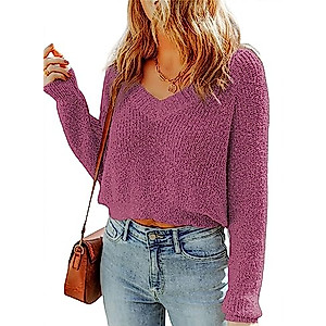 Dokotoo Solid V Neck Cropped Sweaters for Women Fall Casual Long Sleeve Knitted Pullover Jumper Tops Red Medium