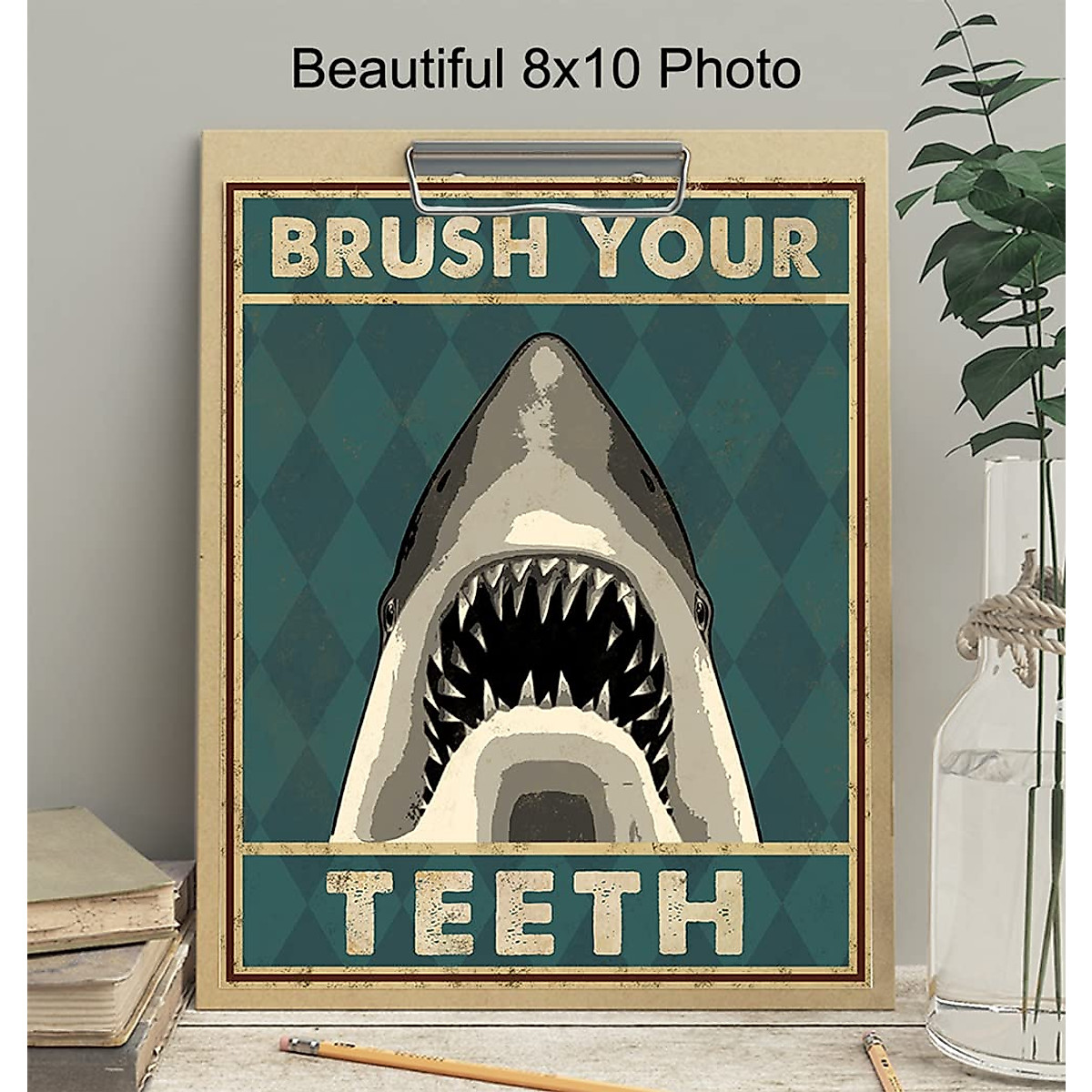 Boys Bathroom Wall Art & Decor - Brush Your Teeth Kids Bathroom Decor - Beach Bathroom Decor - Funny Shark Bathroom Decor - Bath Wall Decor - Unique Restroom Sign - Bathroom Pictures Poster Prints