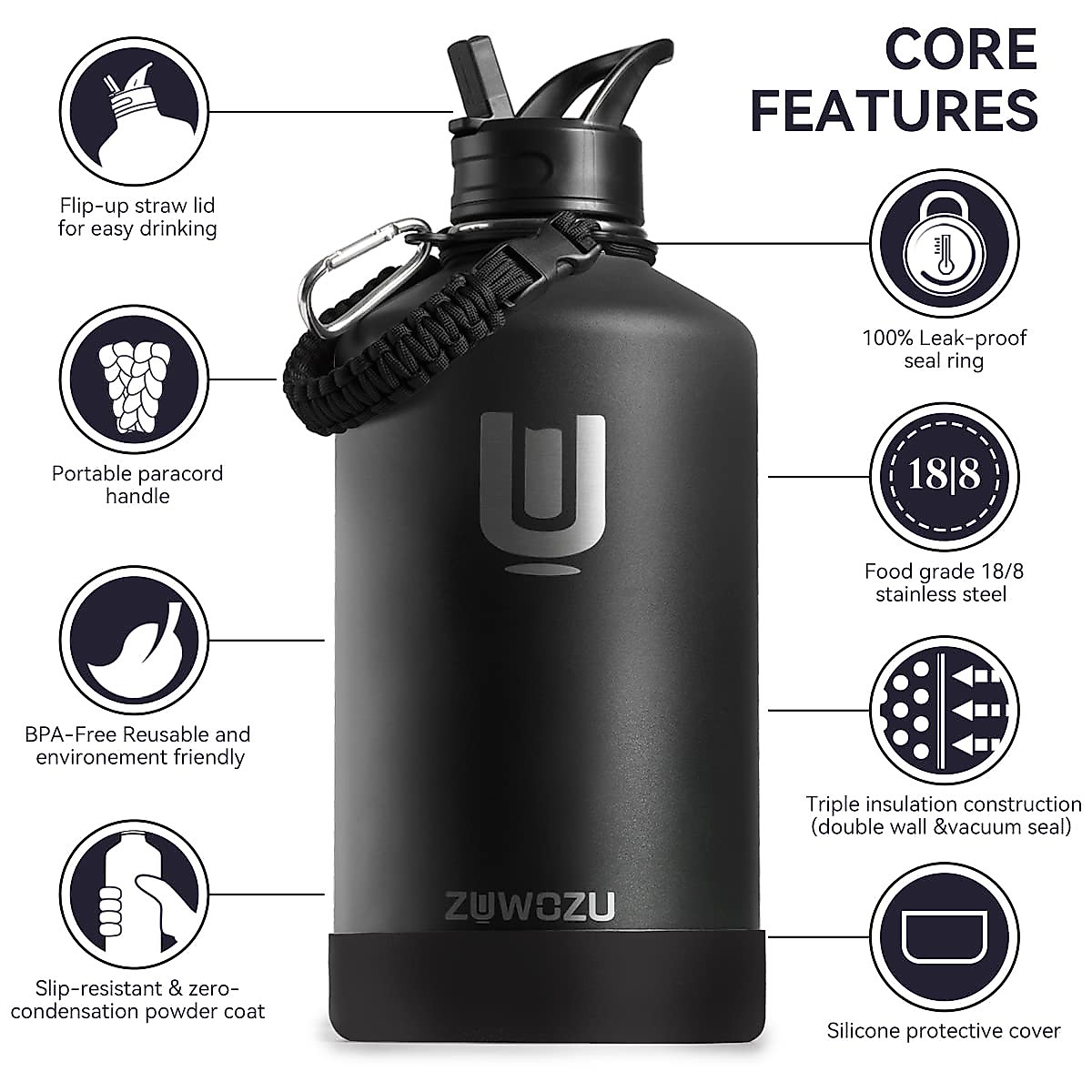 ZUWOZU 1 Gallon Water Bottle Insulated, 128oz Large Stainless Steel Water Bottles with Straw, Spout & Handle Lid, Big 1 Gallon Water Jug with Carrier Bag w/Strap, Perfect for Hot&Cold Drinks,Black