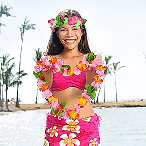 Cooraby 16 Pieces Hawaiian Garlands Bulk Silk Flower Leis Banner 8 Bracelets 4 Headbands and 4 Necklaces for Luau Party Decorations