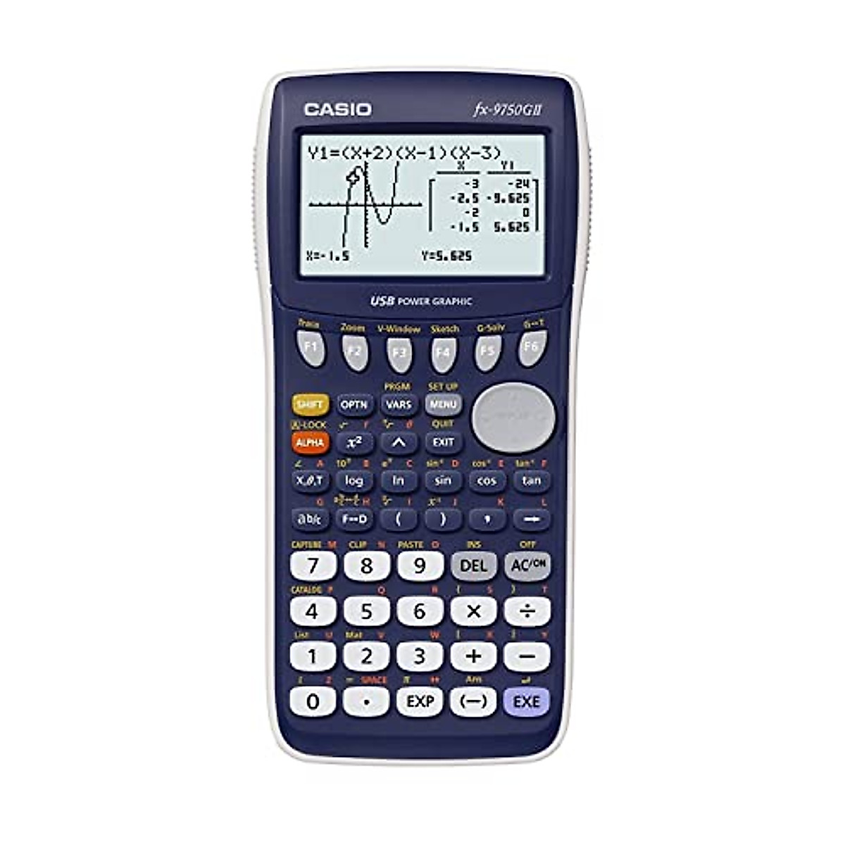 Casio fx-9750GII Graphing Calculator with icon based menu. Color white.
