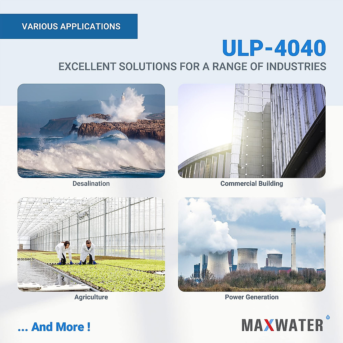 Max Water Reverse Osmosis 4040 Commercial RO Membrane (ULP-4040: 2600GPD) size 4" x 40" good for Industrial, Agricultural, Whole House & more (4)