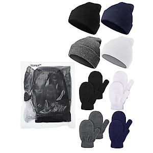 4 Sets Toddler Boys Hat and Glove Kids Winter Beanies with Gloves Warm Knitted Baby Beanie Hats Set Cuffed Skull Cap for Boys Girls