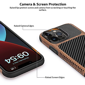 ZZDZZ Magnetic Case Compatible with iPhone 13 Pro Max Case [Compatible with MagSafe] Wood and Leather Carbon Fiber Design Hybrid Shockproof Phone Case (Black)