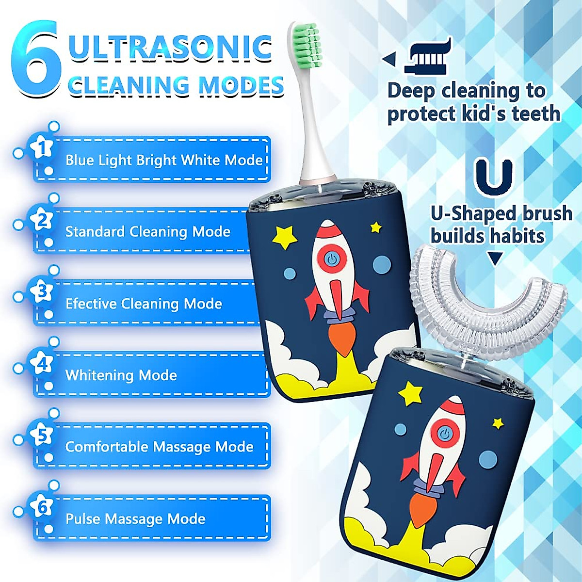 Kids U Shape Electric Toothbrushes Ultrasonic Whole Mouth Auto Toothbrush with 6 Cleaning Modes 2 Brush Heads Brushing Timer Lights IPX7 Waterproof Rechargeable Rocket Cartoon Design for Ages 2-6
