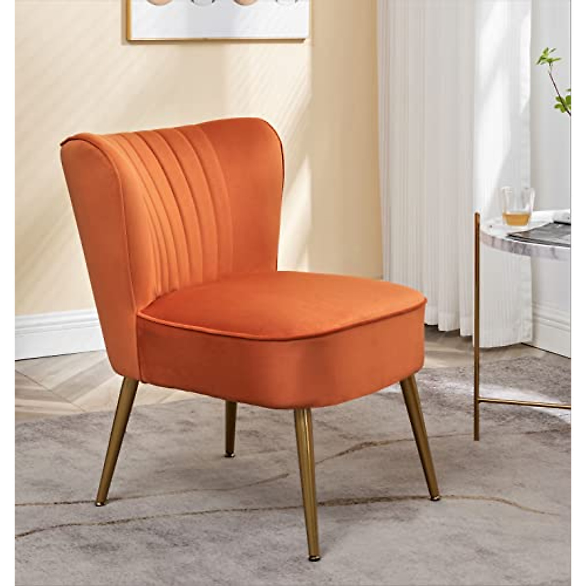 US Pride Modern Furniture Velvet Accent Chair for Living Room, Bedroom, or Entryway - Stylish and Comfortable Armless Design with Metal Legs, Orange Red
