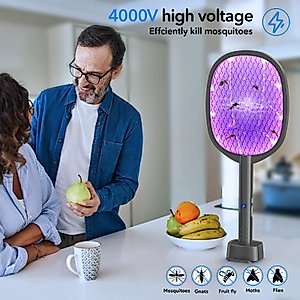 2 Pack Electric Fly Swatter 2 in 1 Bug Zapper Racket & Mosquito Zapper,4000V with USB Charging Base，Powerful Mosquito Swatter with 3 Layers of Safety Net Suitable for Indoor and Outdoor…