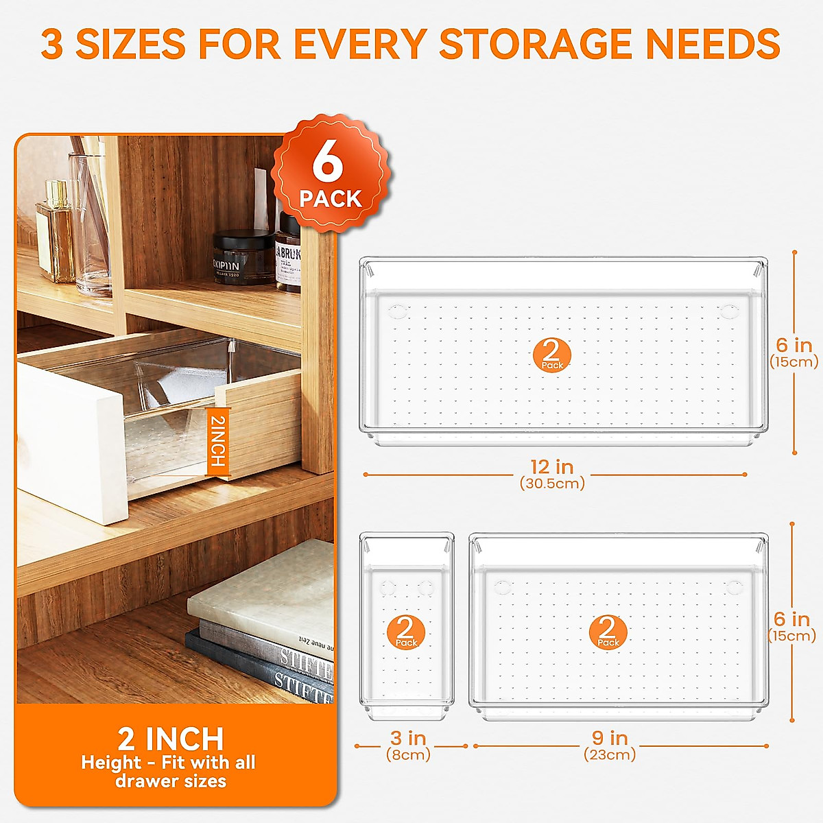 25PCS Extra Sturdy Clear Plastic Drawer Organizer Trays with 100pcs Non-Slip Pads, 4 Sizes Desk Drawer Divider Organizers and Storage Bins for Makeup, Bathroom, Office, Kitchen, Bedroom, Jewelry