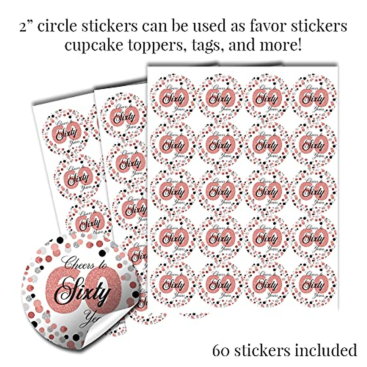 Confetti Rose Gold Polka Dot 60th Birthday Party Sticker Bundle Kit - 429 pieces!!! Includes 60 2" Circle Stickers for Favors & Goodie Bags, 45 Mini Candy Bar Wrappers & 324 Round Candy Kiss Stickers