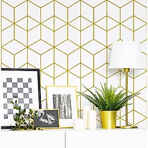 Peel and Stick Wallpaper Gold and White Contact Paper Geometric Wallpaper Self Adhesive Removable Wallpaper for Walls Covering Vinyl Rolls 118"x17.7"