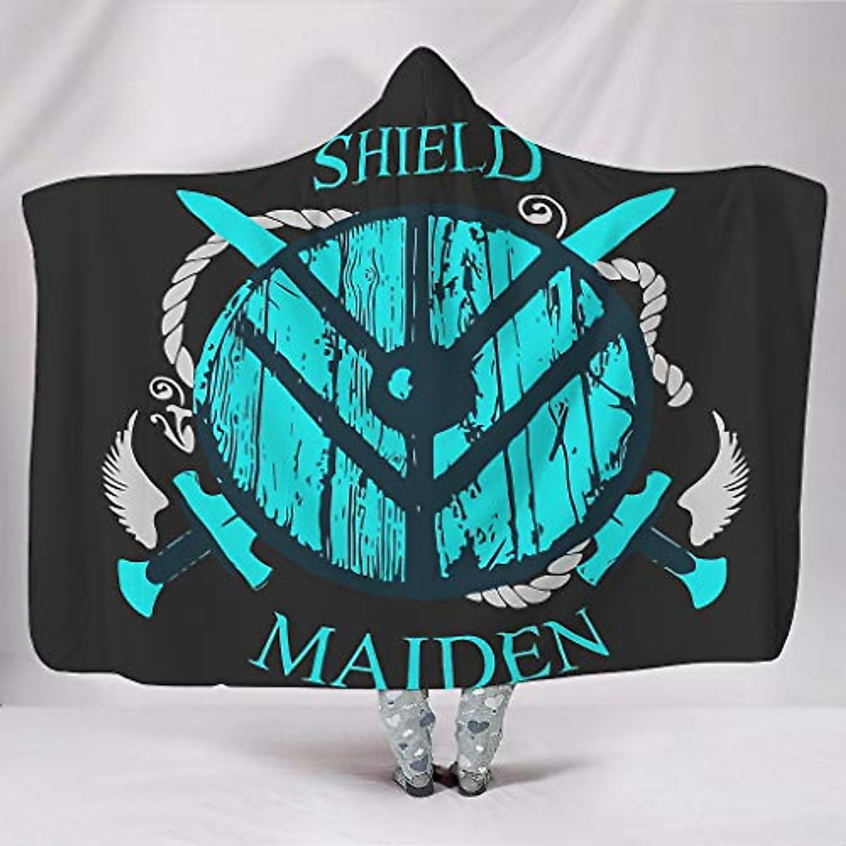 Festhad Norse Viking Shield Crossed Swords Maiden Totem Print Hooded Blankets Tribal Winter Hooded Throw Poncho Adults Napping White 50x60 inch
