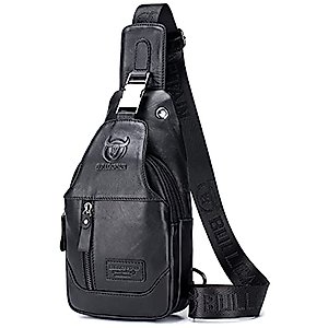 BULLCAPTAIN Genuine Leather Men's Sling Shoulder Backpack Multi-pocket Crossbody Chest Bags Travel Hiking Daypack with Earphone Hole (Black)
