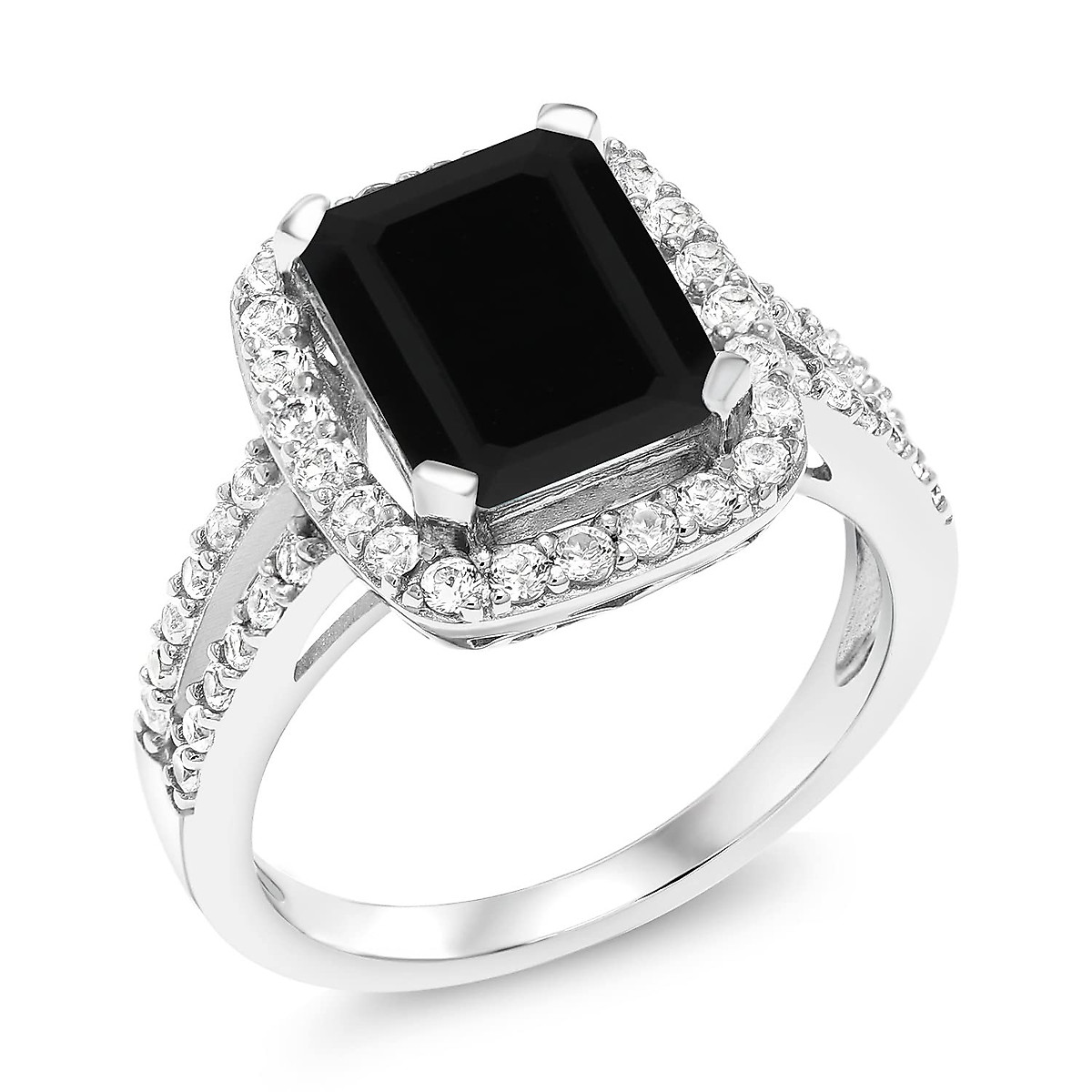 Gem Stone King 925 Sterling Silver Black Onyx Engagement Ring For Women (3.75 Cttw, Emerald Cut 10X8MM, Gemstone Birthstone, Available in size 5, 6, 7, 8, 9)