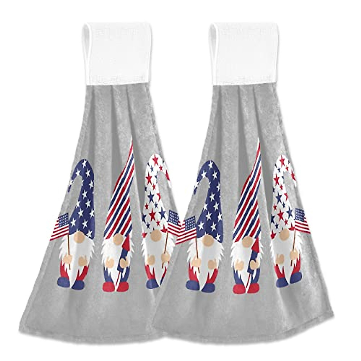 Vnurnrn Patriotic 4th of July Gnomes American Flag Hanging Tie Towels Absorbent Hand Towel with Hook & Loop for Kitchen Bathroom 2 Pieces