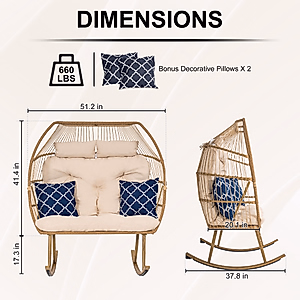 Sundale Outdoor Egg Chair, Rocking Double Egg Chair Outdoor Indoor, 2 Person Egg Loveseat Chair for Patio Balcony Porch Backyard (Beige)