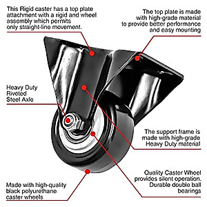 FactorDuty 4 Pack Combo 2 inch Caster Wheels 2 Rigid Non Swivel Fixed Stationery & 2 with Brake Swivel Plate All Black Polyurethane Wheels Non Marking No Noise 150LB Per Wheel