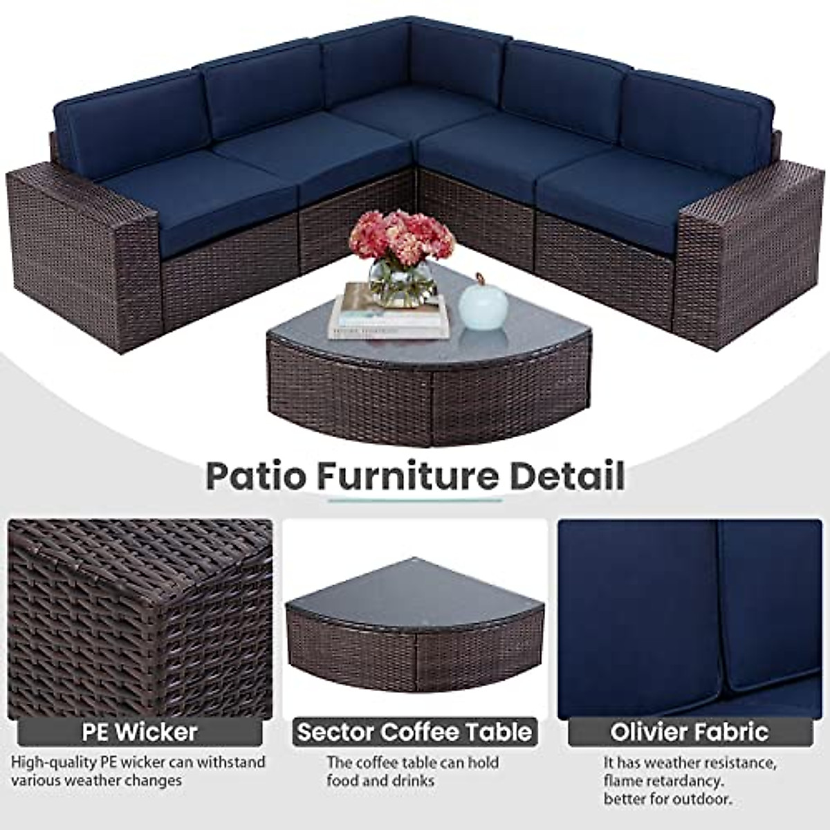Incbruce 6-Piece Outdoor Furniture Sofa Set, All-Weather Gray Wicker Sectional Couch, Patio Conversation Sets with Glass Coffee Table and Washable Cushions(Navy Blue)
