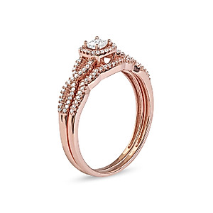 DZON IGI Certified 10k Rose Gold 3/8CT TDW Princess & Round Cut Diamond Halo Engagement Ring Set Love Gift for Women (I-J, I2)