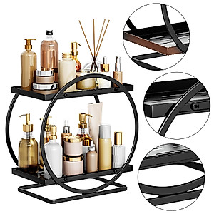 YFUIF 2 Tier Perfume Organizer, Bathroom Organizer Countertop, Dresser Makeup Vanity Skincare Storage Tray Shelf Rack Senior Room Decor Aesthetic Display Accessories (Black Gold)