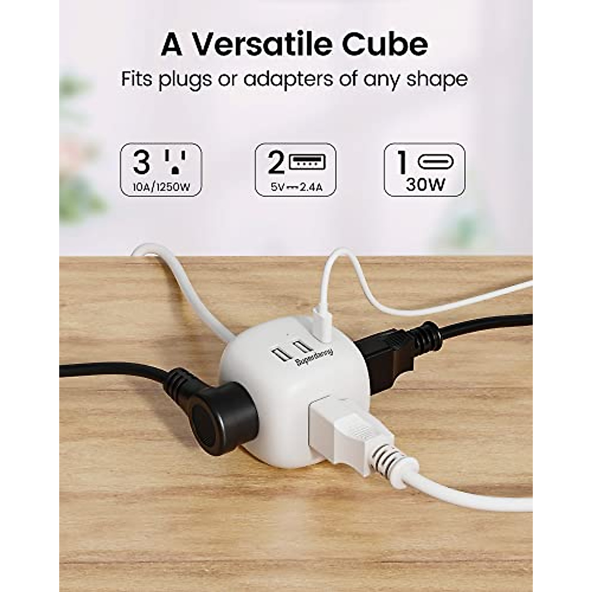 30W USB C Power Strip, Fast Charger with 3 Outlets & 30W PD Port, SUPERDANNY Mini Cube Charging Station with Flat Plug, 5 Ft Extension Cord, Travel Power Strip for Cruise, Dorm, Home, White