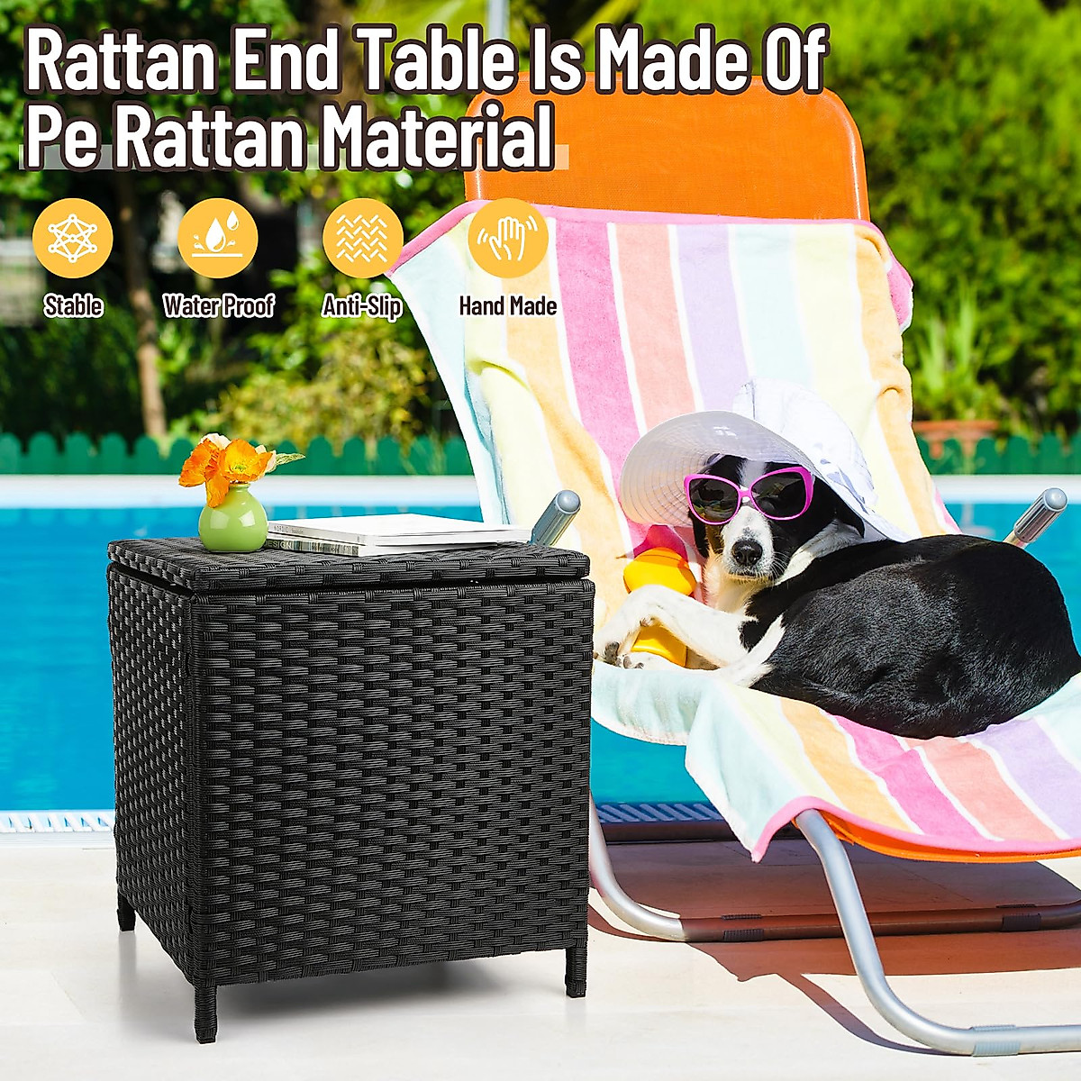 DoubleFill 2 Pcs Wicker Side Table with Storage PE Rattan Wicker Ottoman Small Patio Outdoor Storage Box 11.8 Gallon Square Outdoor Foot Stool Footrest Footstool for Porch, 15.75 x 15.75 x 17.72