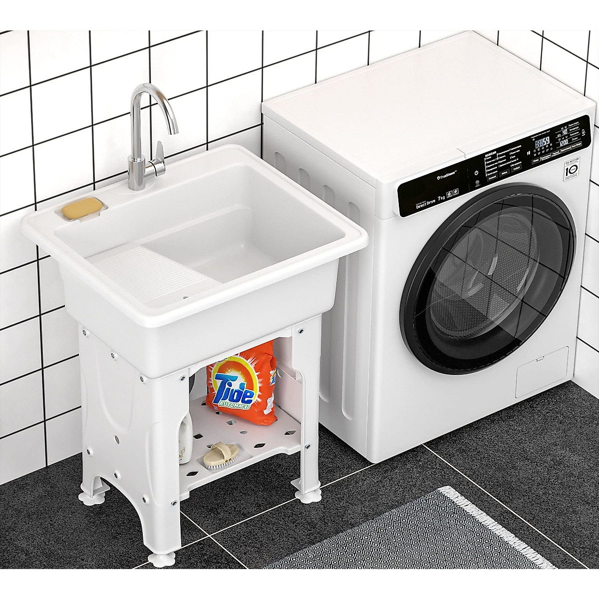 Freestanding Plastic Laundry Sink with Washboard, W25.4" x D22" x H31.5" Indoor and Outdoor Utility Sink with Cold and Hot Water Faucet, Hoses and Drain Kit for Laundry Room, Garage, Basement, Garden