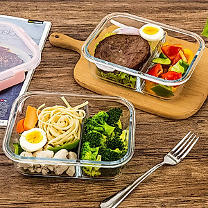 C CREST Glass Meal Prep Containers 2 Compartment Set, 5-Pack, 34oz, Glass Bento Boxes for Adults, Divided Glass Lunch Containers with Lids