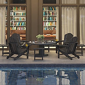 Mdeam Folding Adirondack Chairs Set of 4 Adjustable Backrest with Cup Holder, Fire Pit Chairs,HDPE All Weather for Patio Lawn Outdoor, Black