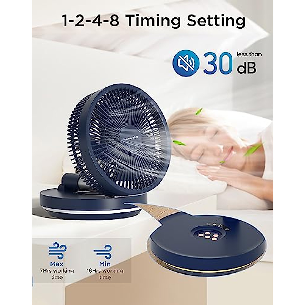 Primevolve 10 inch Oscillating Fan, Battery Operated Fan Adjustable Height, USB Rechargeable Home Office Outdoor Camping Tent Travel, Navy