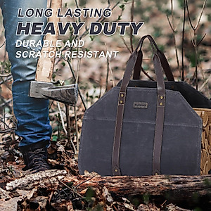 Log Carrier|Waxed Canvas Log Holder|Firewood Carrier Tote Bag|Fireplace Wood Stove Accessories-Grey