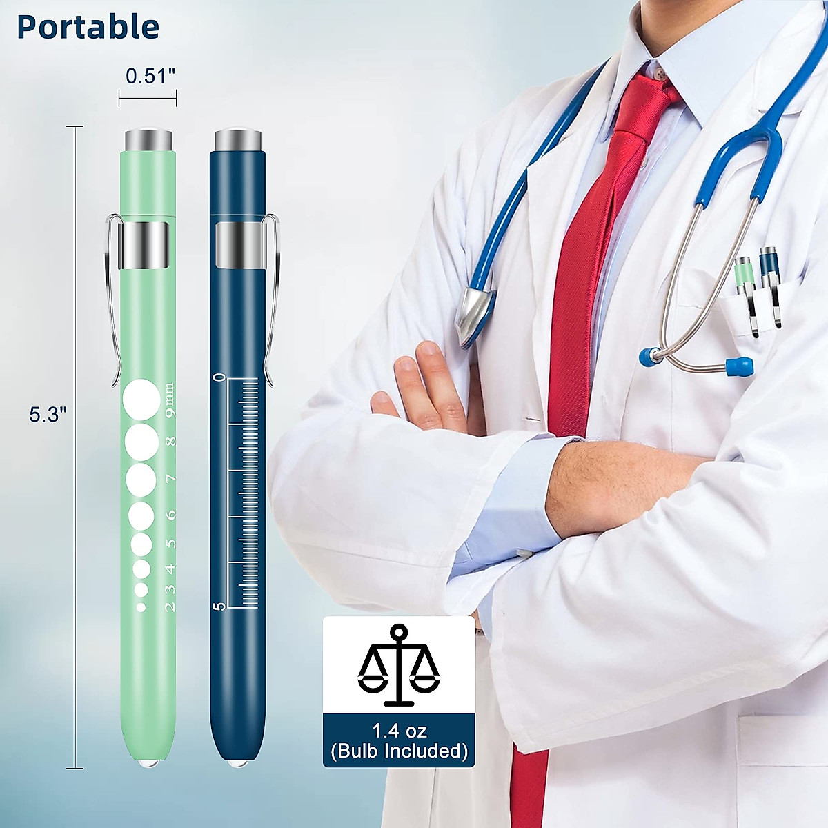Pen Lights for Nurses Doctors, Opoway Medical EMT EMS Penlight with Pupil Gauge, Reusable LED Pen Light Flashlight for Physician Clinical Eye Exam Nursing Students Veterinary with Batteries Green&Blue
