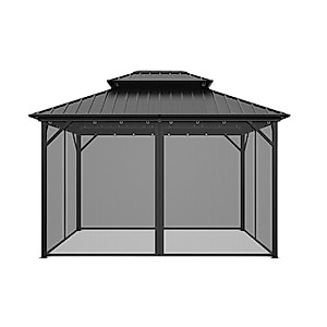 12' X 10' Aluminum Hardtop Gazebo with Nettings and Gutter Heavy Duty Outdoor Patio Double Roof Gazebo Pavilion Galvanized Steel Permanent Gazebo Canopy Grill Shelter for Backyard, Deck