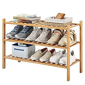 Furshus 3-Tier Bamboo Shoe Rack for Entryway, Stackable | Heavy Duty | Multi-Function, Free Standing Shoe Racks for Bedroom Hallway Closet