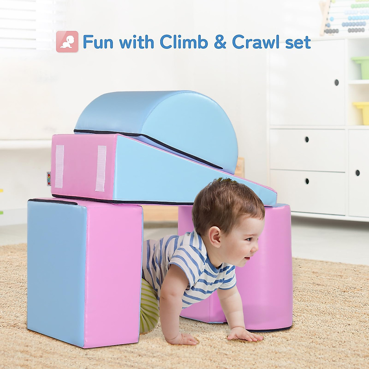 JOYMOR Soft Foam Climbing Blocks 5-Pieces Set, Climb and Crawl Foam Blocks, Beginner Toddler Climber Set with Slide & Ramp, Indoor Active Play Structures for Baby and Toddlers Age 1-3