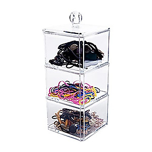 BLVRYVIO Hair Accessories Organizer for Girls, Bathroom Containers for Headband, Bows,Hair Tie,Hair Tools,Scrunchie,Cotton Swab Organization, Clear 3 Stackable Acrylic Holder with Lids for Organizing