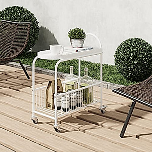 AEPOALUA Bar Cart, Mini Bar Cartwith Magazine Holder, Modern Two Tier Silver Bar Cart for Bedroom,Bathroom, Kitchen,Indoor, Patio White