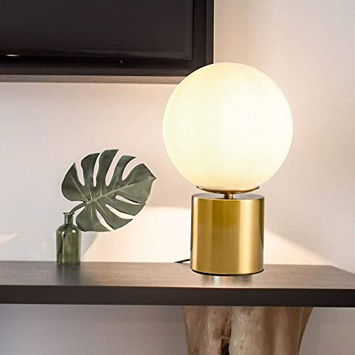 SOTTAE Modern Gold Globe Table Desk Lamp,Vintage Mid Century Round Table Lamp with White Glass Shade Metal Base for Bedroom Bedside Lamp Living Room End Table