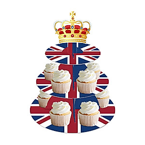 Lide Road 3 Tier British Party Cupcake Stand British Flag Cake Stand United Kingdom Party Cardboard Cake Tower Stand UK England Round Cupcake Tower for British National Day UK Theme Party Supplies