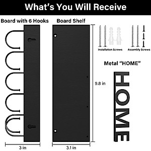 RESOVO Key Holder Wall Mount Key Hooks Entryway Shelf Keys Rack Key Shelf with 6 Metal Hooks Mail Holder, Wooden Shelf, Black (Length: 9.8 Inches)