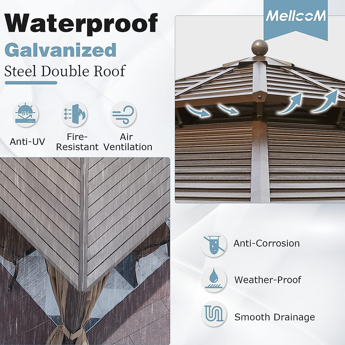 MELLCOM 12' x 12' Hardtop Gazebo, Galvanized Steel Double Roof Outdoor Gazebo, Aluminum Frame Metal Gazebo with Netting and Curtains for Patios, Gardens, Lawns Brown