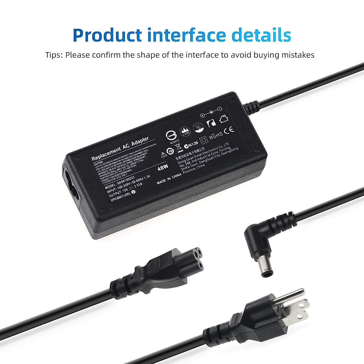 19V 48W Power Adapter for LG Monitors 24M47H-P, 24MP55HQ, 19", 22", 24" Displays and Samsung 32" TVs J5003, J5205, UN32J4000, UN32J5205, A4819-FDY Power Supply Cord (6.5mm * 4.4mm).