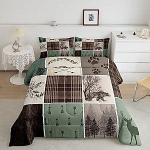 Wild Bear Comforter Set Deer Elk Rustic Animal Xmas Gifts Comforter Set with 2 Pillowcase Black White Retro Farmhouse Plaid Patchwork Decorative Duvet Set for Kids Boys Girls Room Decor,Full Size