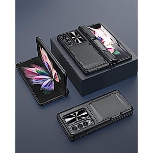 Viaotaily for Samsung Galaxy Z Fold 3 Case with Card Holder & Kickstand & Slide Camera Protection, Built-in Screen Protector & Hinge Protection, Durable Shockproof Wallet Phone Case for Z Fold 3,Black
