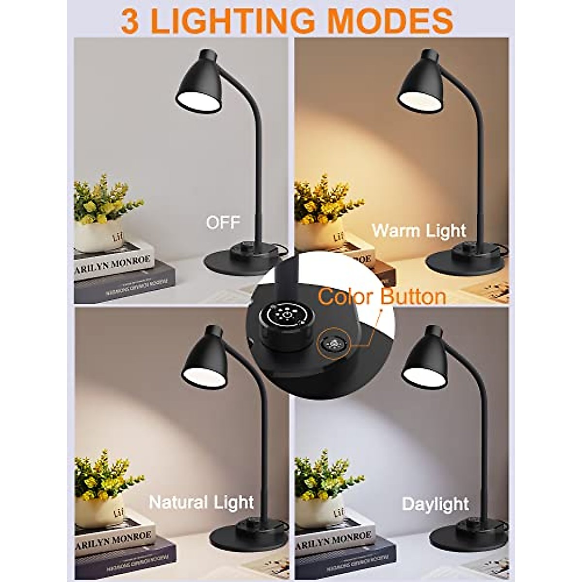 BOHON LED Desk Lamp with USB Charging Port 3 Color Modes Dimmable Reading Light Intelligent Induction Auto Dimming Task Lamp Flexible Gooseneck Table Lamp for Bedside Office, AC Adapter Include