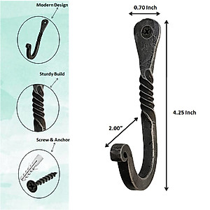 Living Ideas Hand Forged Twisted Wall Hook Wrought Iron Handmade Wall Mounted Coat Hook Blacksmith Metal Wall Kitchen Towel Hooks Rack Black Antique Finish Wall Hooks
