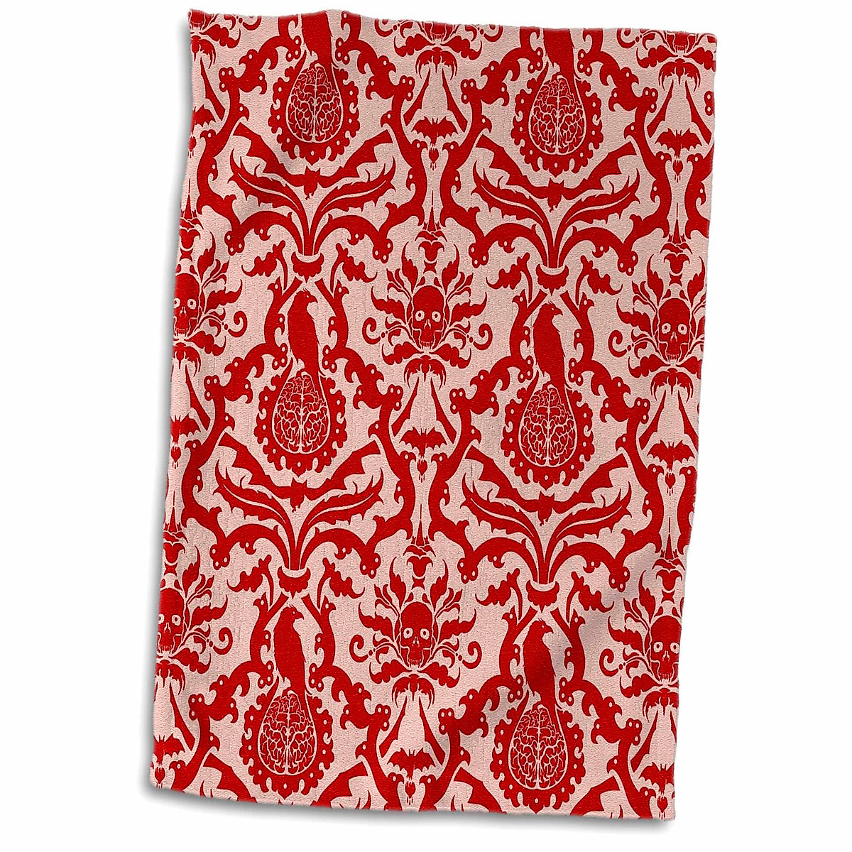 3D Rose Bats-Ravens-Brains and Skulls Goth Horror Damask Pattern in Red Hand Towel, 15" x 22"