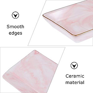 Cabilock 2PCS Bathroom Vanity Tray Marble Pattern Ceramic Toothbrush Holder Countertop Storage Organizer Decorative Jewelry Display Tray (Pink)